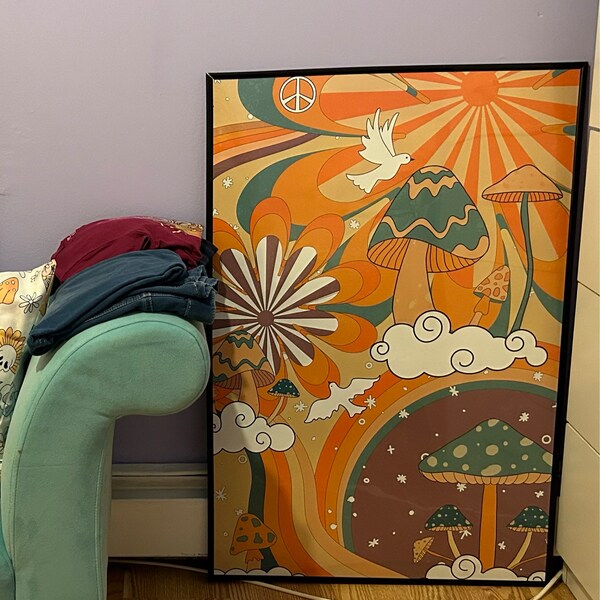 70s Retro Art, Mushroom Woman Art Print, Hippie Girl Art Poster ...