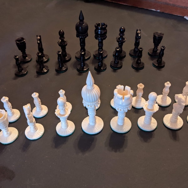 3.5" Camel Bone Chess Set Dome Hand Carved Chess Pieces With Inlaid Art ...