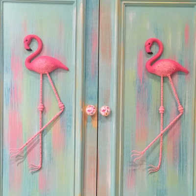 SET OF SIX,1.5 Inch,pink Flamingo,cabinet Knobs,drawer Pulls,white Knob,orange,yellow,flamingos ...