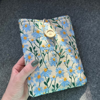 Linen Roses Book Sleeve, Embroidery Book Cover, Linen Flower Book Pouch ...