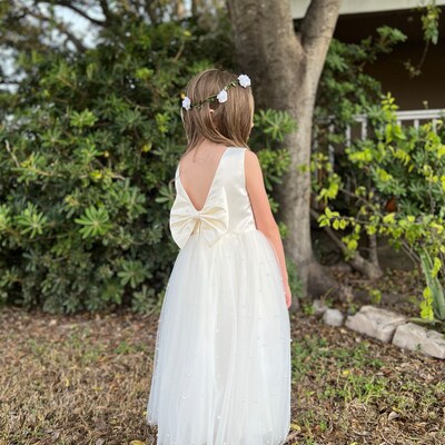 Ivory 4 Layer Pearl Tulle V-back Ankle Length Wedding Flower Girl ...