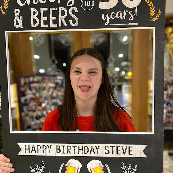 Cheers and Beers Birthday Party Selfie Frame, Any Age Chalkboard Party ...