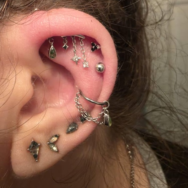 925S Left Helix Chain Earring/star Dangle Earring /helix Push Pin Stud ...