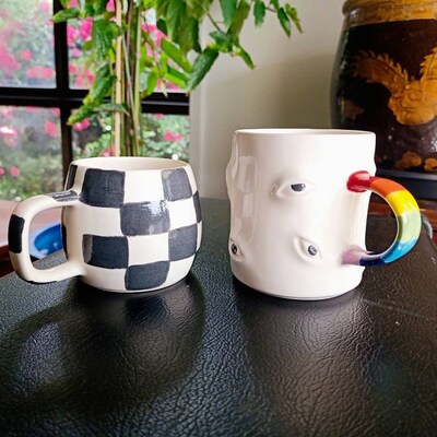Hand Painted Plain Eyes Striped Handle Clay Coffee Mug, Funky Mug ...