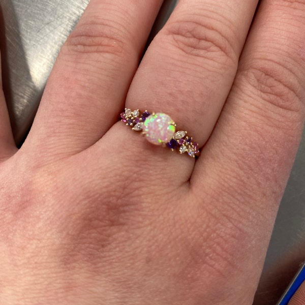 Pink Fire Opal Ring Unique Rose Gold Cluster Engagement Ring Round Cut ...