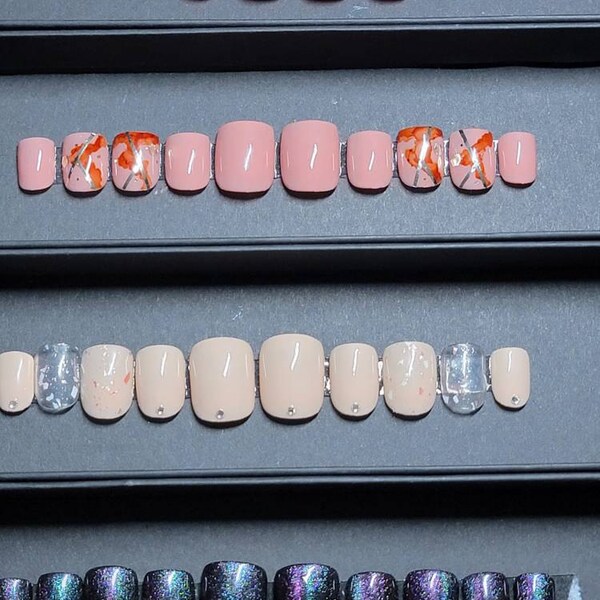 Short Stiletto Press on Nails Fall Colors Press Ons Mustard Yellow Full Set Handpainted With Gel ...