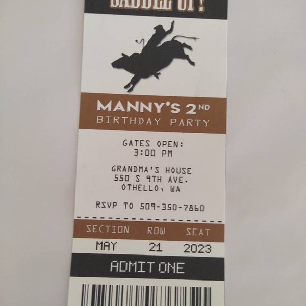 Editable Birthday Cowboy Rodeo Ticket 3x7 Digital Invitation Bull ...