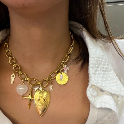 Chunky Charm Necklace, Custom Charm Necklace, Gold Vintage Charm ...