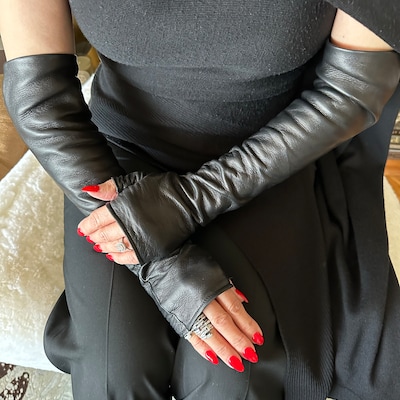 Fingerless Long Leather Gloves/ Super Soft Black Leather Gloves-black-red-women Gift-glamour ...