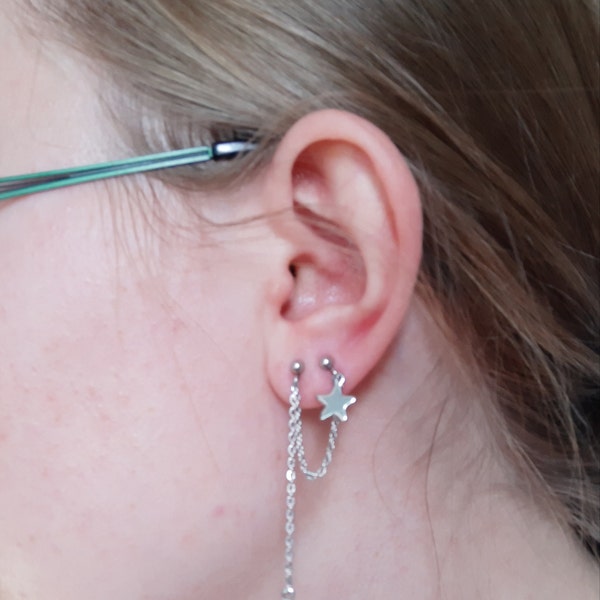 Double Piercing Chain Earring, Two Holes Earring, Star Earring ...