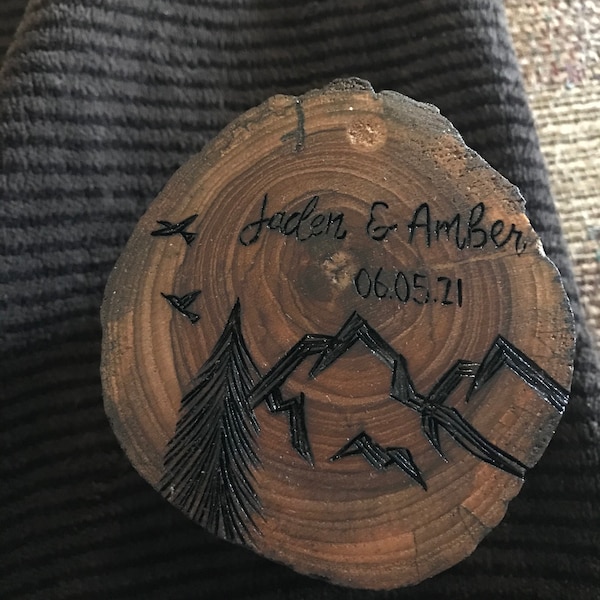 Personalized Wooden Wedding Ring Box - Mountain Pine Tree Birds Rustic ...