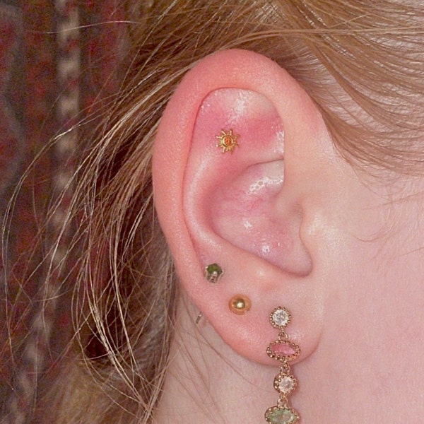 18G/16G Tiny Garnet Sun Internally Threaded Labret • Flat Back Earring • Tragus Stud • Flat Back ...