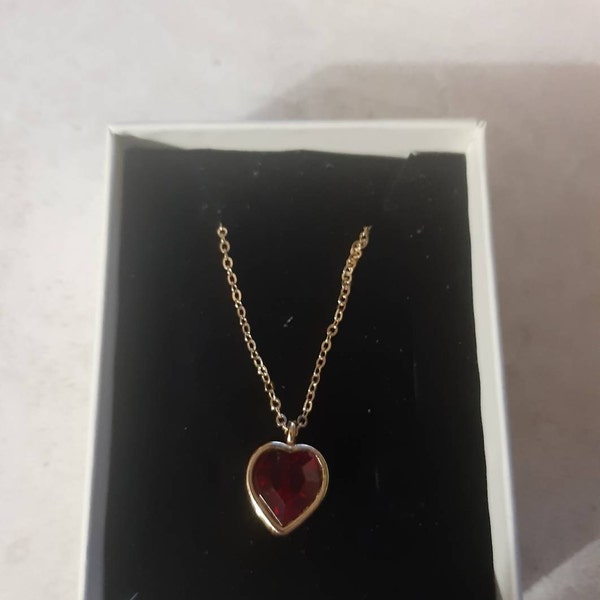 18k Gold Plated Red Crystal Heart Charm Dainty Minimalist Romantic Tiny ...