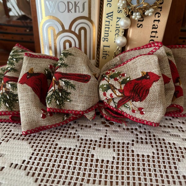 15" Cardinals in Snow and Red Velvet Tree Topper Bow, With Four 6 ...