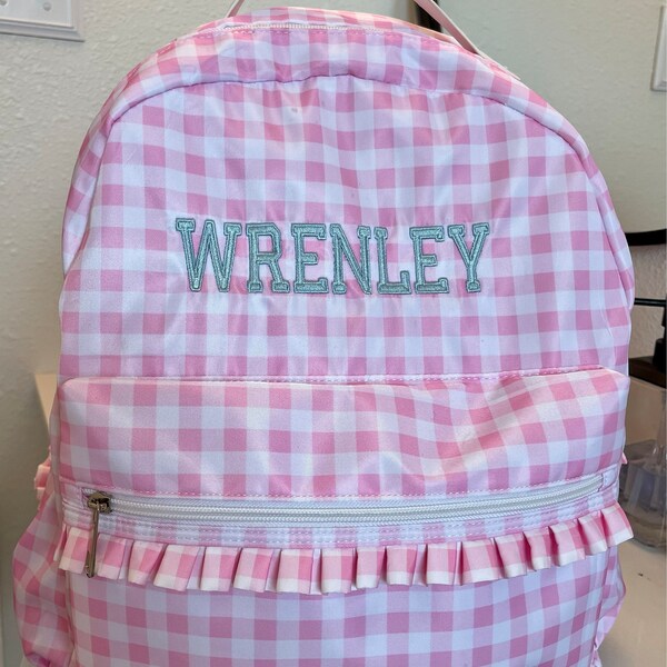 Monogram Gingham Backpack Lunchbox Set: Pink Ruffle, Blue Bookbag - Etsy