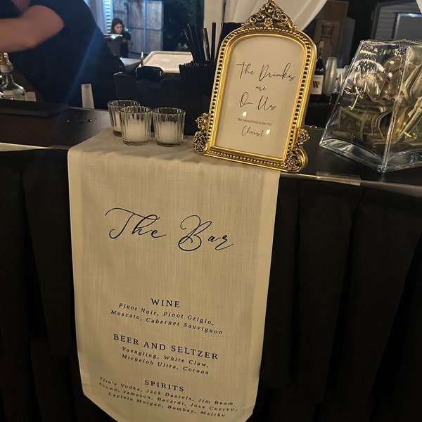 Sip and Be Seated Fabric Sign, Monogram Wedding Bar Sign, Linen Banner ...