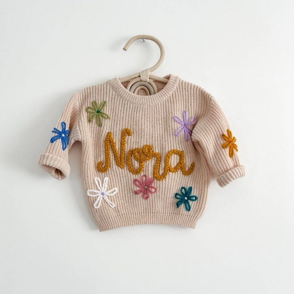 Beige Personalised Baby Name Jumper | Hand Embroidered Chunky Knit ...