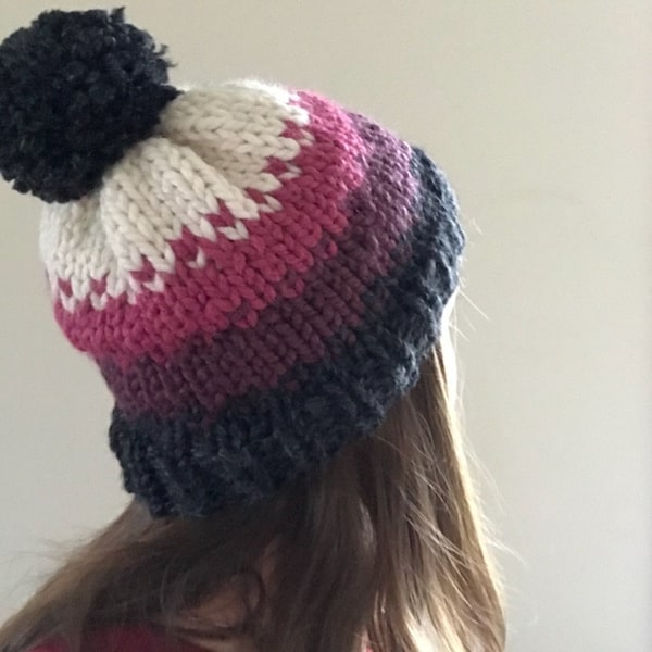 Three Different Color Shades Knit Hat With Pom Pom / Slouchy Fair Isle ...