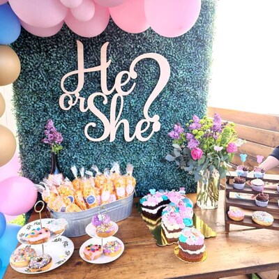 He or She Backdrop Wooden Sign, Gender Reveal Decor, Baby Shower Wood ...