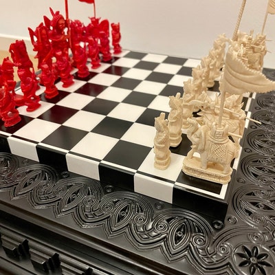 Chess Set Wooden Board Battle of Thrones Pieces Carved Wood Handmade ...