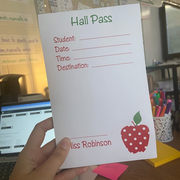 Personalized Teacher's Hall Pass Notepad, Custom Hall Pass Notes, Hall ...