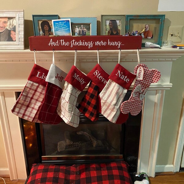 Red Stocking Holder, Mantle, Wooden Box, Christmas, Modern Farmhouse ...