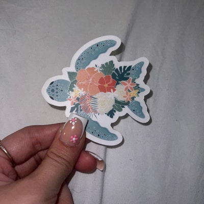 Sea Turtle With Flowers Clear Vinyl Sticker Ocean Stickers Surf Sticker ...