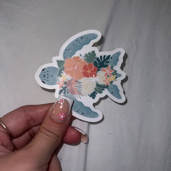Sea Turtle With Flowers Clear Vinyl Sticker || Ocean Stickers Surf ...