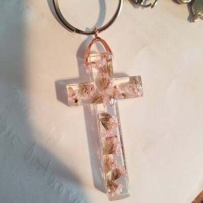 Pink Flower Resin Cross Custom Initial Keychain Personalized - Etsy