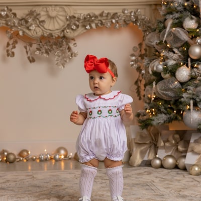 Elsie Evergreen Wreath Smocked Bubble Christmas Smocked Outfit for ...