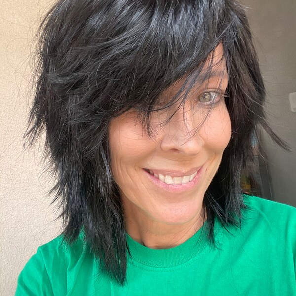 12 Inch off Black Shag Style Straight and Layered With Bangs Anime ...