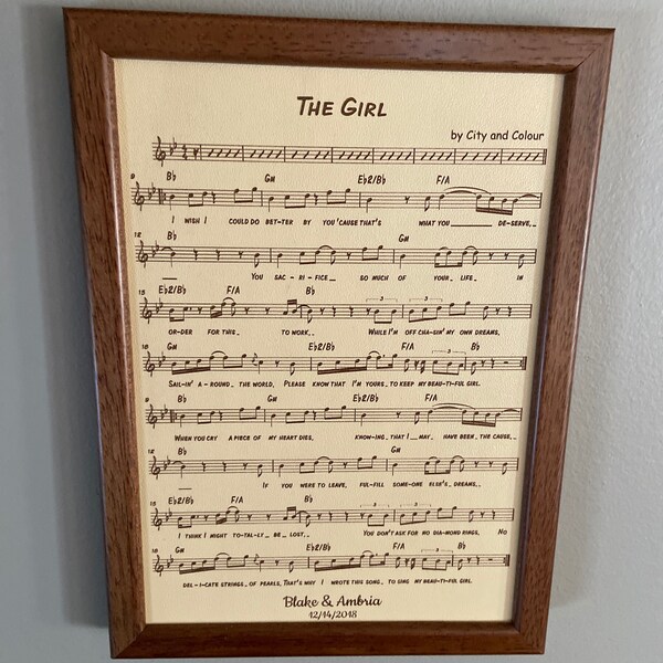 Leather Engraved Music Sheet, Personalized Framed Music Notes, 3rd ...