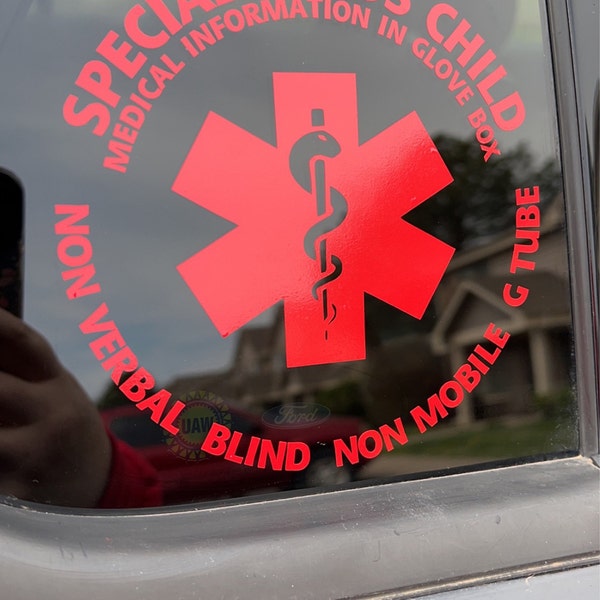 YOU CHOOSE TEXT Special Needs/ Medical Alert Car Window Decal ...