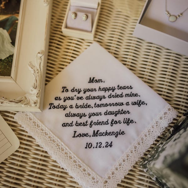 Wedding Handkerchief for Mother of the Bride, Embroidered Handkerchief ...