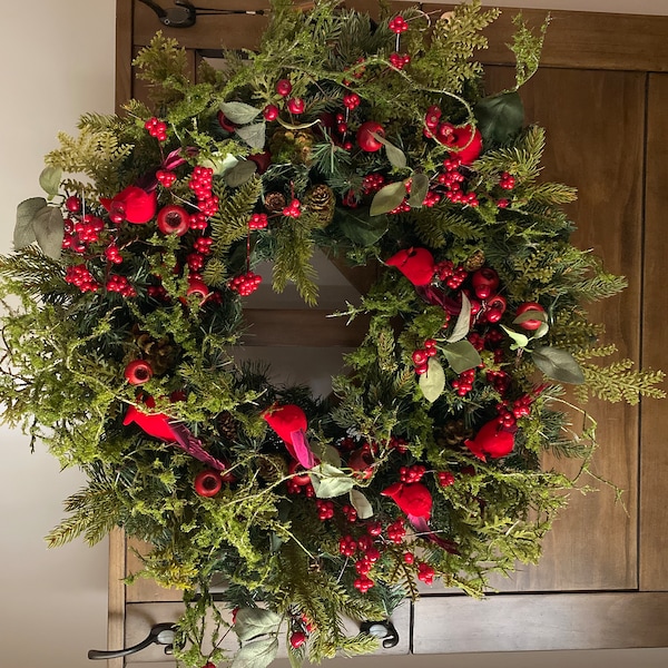 Christmas Wreath Red Bird Woodland Style Christmas Wreath With Berries ...