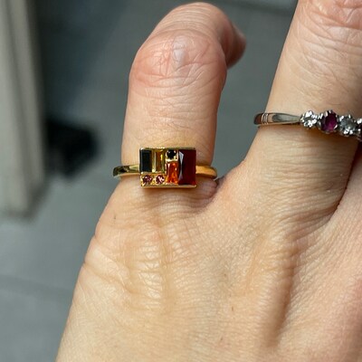Unique Multi Gemstone Box Ring, 14K Solid Gold Baguette Garnet ...