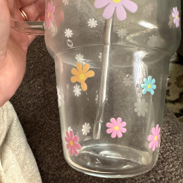Flower Glass Cup, Large Glass With Handle, Trendy Cup With Lid and ...