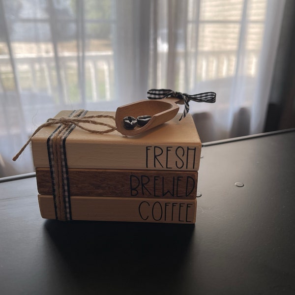 Coffee Mini Wood Book Stack With Scoop/ Coffee Decor/ Book Bundle ...