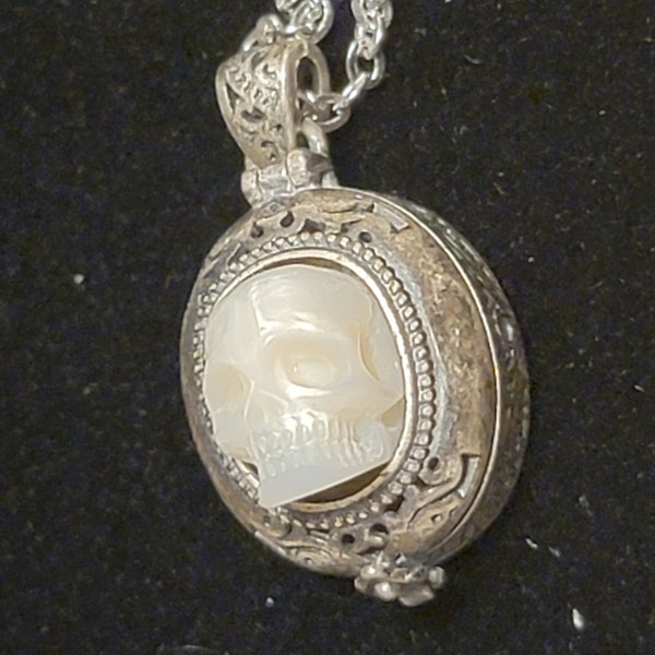Vintage Gothic Pearl Skull Locket Necklace With Engraving, Carved Pearl ...