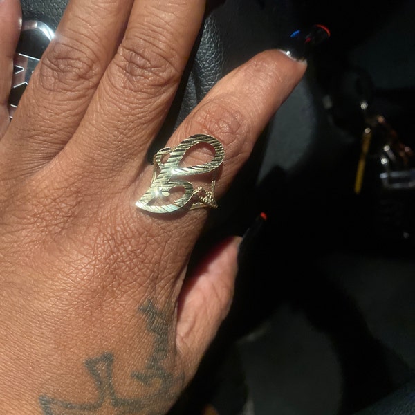 10k Solid Gold Cursive Initial Letter Monogram Ring (large 28.8mm) / Diamond Cut Alphabet ...