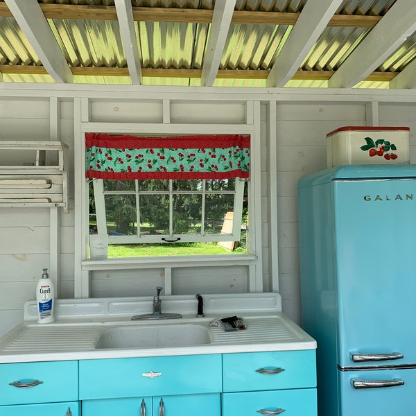 A. Retro Cherries Curtain, Valance, Fifties Style, Aqua and Red ...
