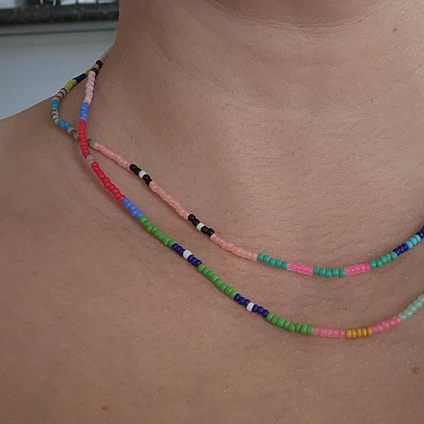Multicolor Beaded Shorter Stretch Necklace Doubled up With Floating ...