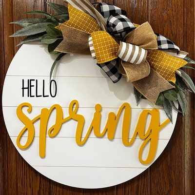 Hello Spring Wood Door Hanger Front Door Decor Spring Door Hanger ...