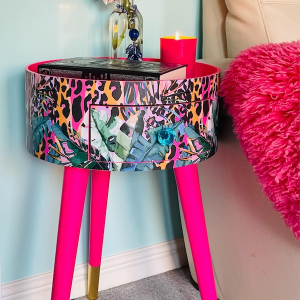 Pink Tiger Square Bedside Table, Two Drawers, Ideal Nightstand. Flamingo and Baby Pink With Gold ...