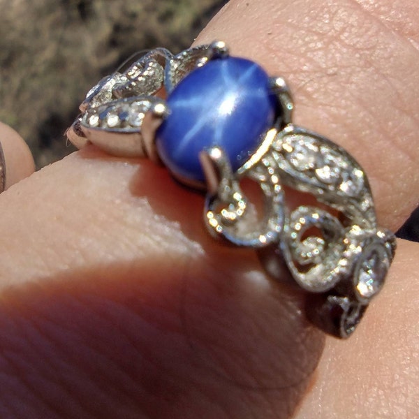 Genuine 6 Ray Blue Sapphire Star Ring 925 Sterling Silver Ring Blue ...