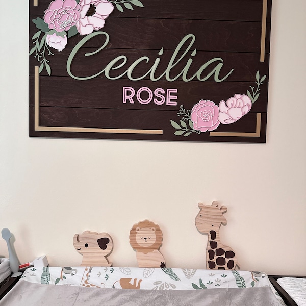 Rectangle Floral Baby Name Sign: Peony and Rose Flowers 3D Nursery Wall ...
