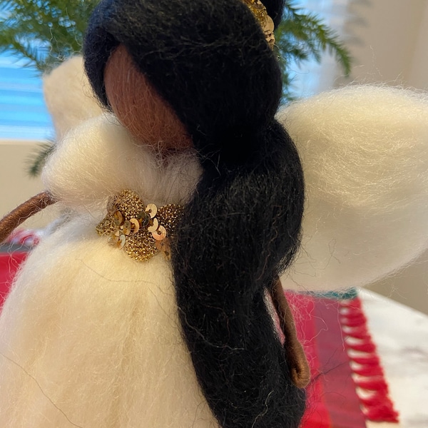 Needle Felt Angel Tree Topper With White and Golden Dress, Christmas ...