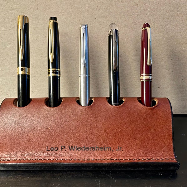 Fountain Pen Stand, Desk Pen Holder, Tan Leather 2 Pen Holder for Desk ...