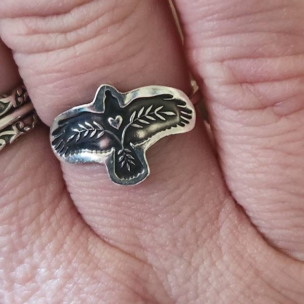 Raven Ring Crow Ring Hawk Ring Sterling Silver Heart and Fern Eagle ...