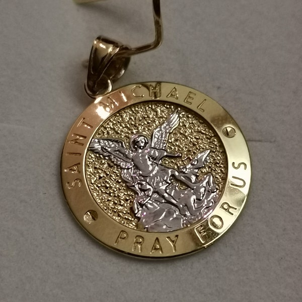 14k Solid Gold Saint Michael Medallion Necklace: Two Tone Protection ...